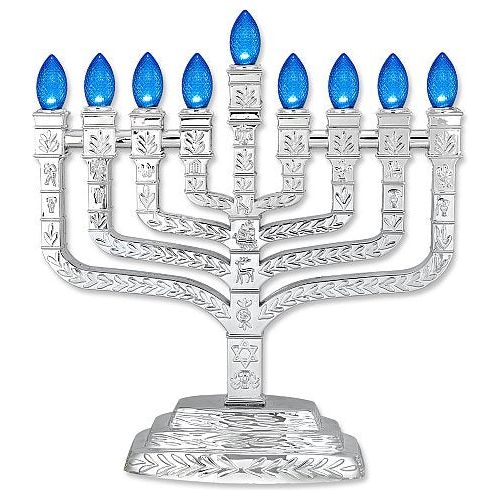 Silvertone Knesset Menorah with the Symbols of the Twelve Tribes Blue ...