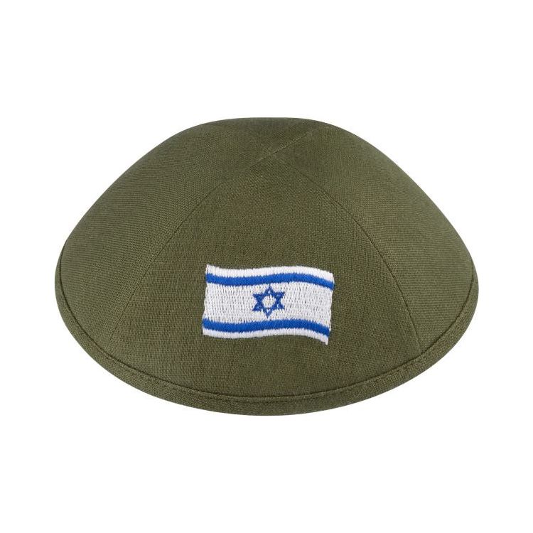 I-Kippah Olive Green Linen Israeli Kippah Embroidery Flag Waved Yarmul ...