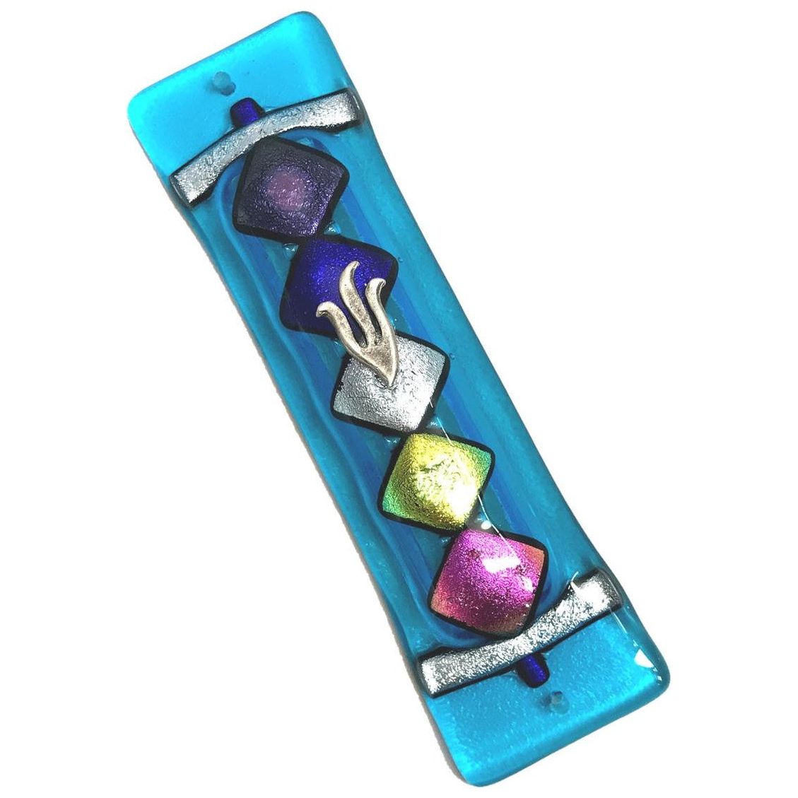 Designer Fused ART Glass Diamonds Turquoise Mezuzah By Tamara Baskin K ...